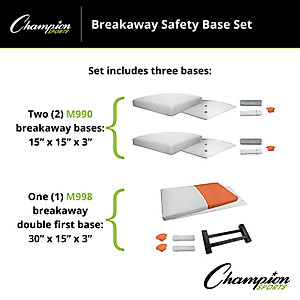 Champion Sports Breakaway Safety 3-Piece Baseball Base Set with Double First Base - Molded Rubber, Official Size, Heavy-Duty All Rubber Construction