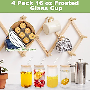 CYEAH 16 Oz Frosted Glass Cups With Bamboo Lids and Straws, 4 Pcs Sublimation Tumblers, 2 Brushes, Reusable Mason Drinking Glasses for Iced Coffee, Juice, Boba, Milk