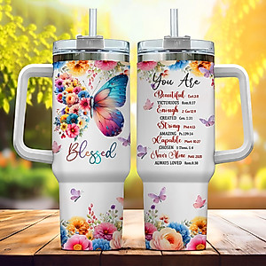 99WHALE Insulated Handle Steel Floral Yellow Stainless Quartz Coffee Hot Modern Rose Red Camelia, Christian Gifts, Tumbler 40 Oz With Handle Lid And Straw, Butterfly Blessed Faith