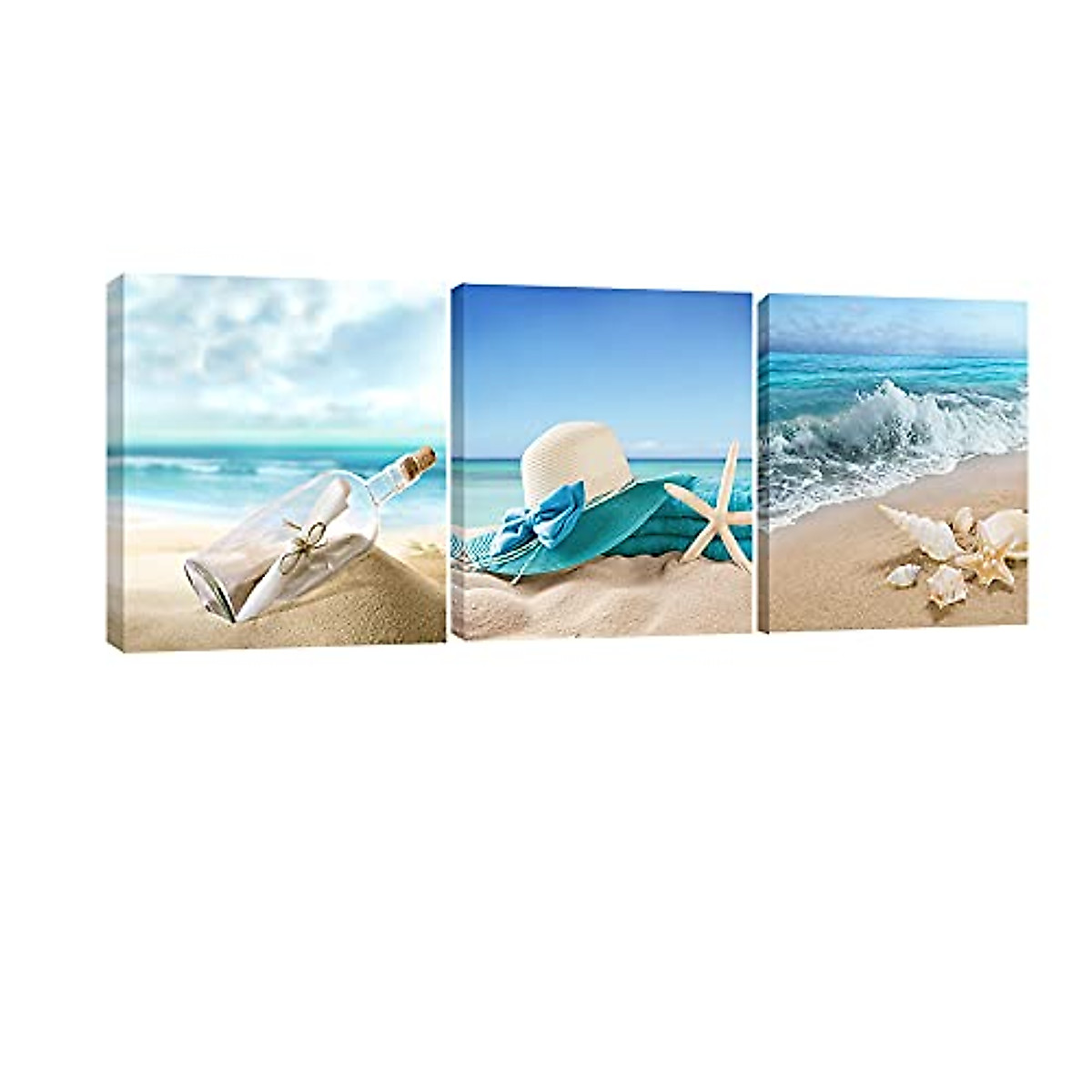 Pyradecor 3 Panels Starfish Seashell Bottle Beach Pictures on Canvas Wall Art Modern Seascape Stretched and Framed Giclee Canvas Prints Seaview Landscape Artwork for Bedroom Home Office Decorations