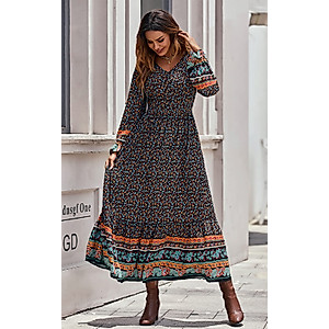 PRETTYGARDEN Long Sleeve Dress for Women - V-Neck Casual Boho Floral Vintage Fall Long Maxi Dresses (Black,X-Large)