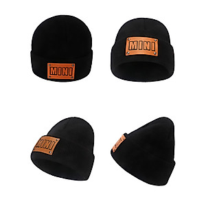 2PCS Parent-Child Beanie Hat Mama and Mini Leather Patch Knitted Hat Winter Warm Cuffed Ski Cap Black
