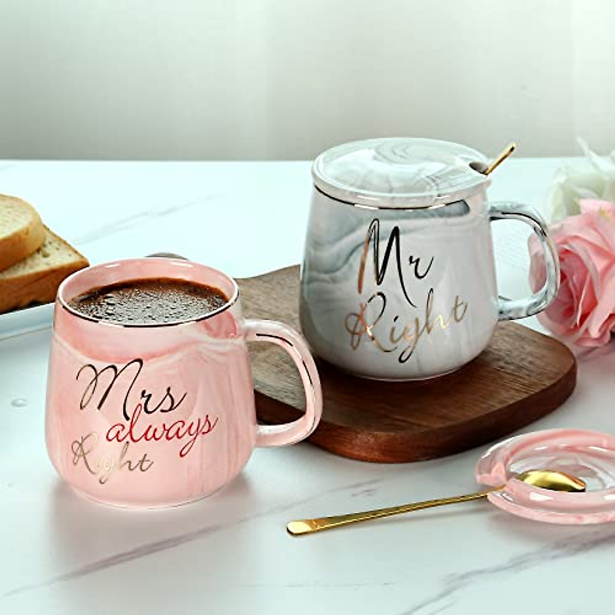 Mr Right Mrs Always Right Couple Coffee Mugs Cups - Bridal Shower Wedding Anniversary Valentine's Day Gift - Bride and Groom Newlyweds Married Couples Ceramic Marble Couple Cups Mugs Set (13.2 oz )