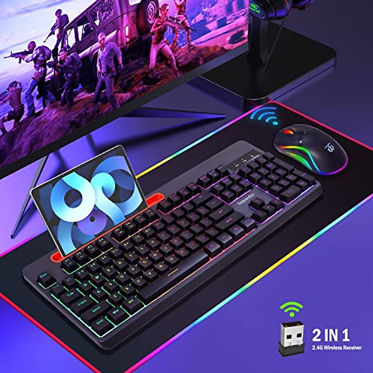 Snpurdiri Wireless Gaming Keyboard and Mouse Combo, True RGB Rechargeable Full Size Anti-ghosting Keyboard with Tablet/Phone Bracket, RGB Mouse,Long Battery Life for Gaming, Office