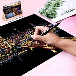 Ameolela Rainbow Scratch Painting Paper, Sketch DIY Art Craft City Series Night View Creative Gift, Scratchboard for Adults and Kids, Craft Kits with 4 Tools, 16x11 inches（Cologne Cathedral）