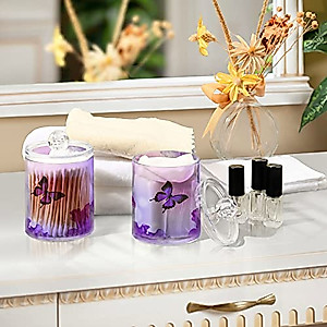 JUMBEAR 2 Pack Purple Butterfly Qtip Holder Dispenser with Lid, 14 oz Clear Plastic Apothecary Jar Set for Bathroom Vanity Organizers Storage Containers