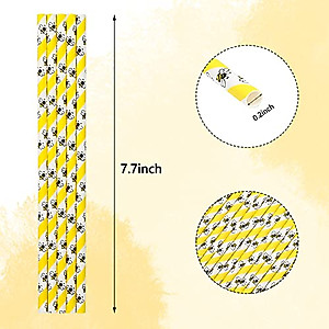 Whaline 200Pcs Bumble Bee Paper Straws Summer Honey Bee Yellow White Disposable Straws Stripe Patterned Drinking Well Crafted Straws for Juices Shakes Cocktail Baby Shower Wedding Decor Event Supplies
