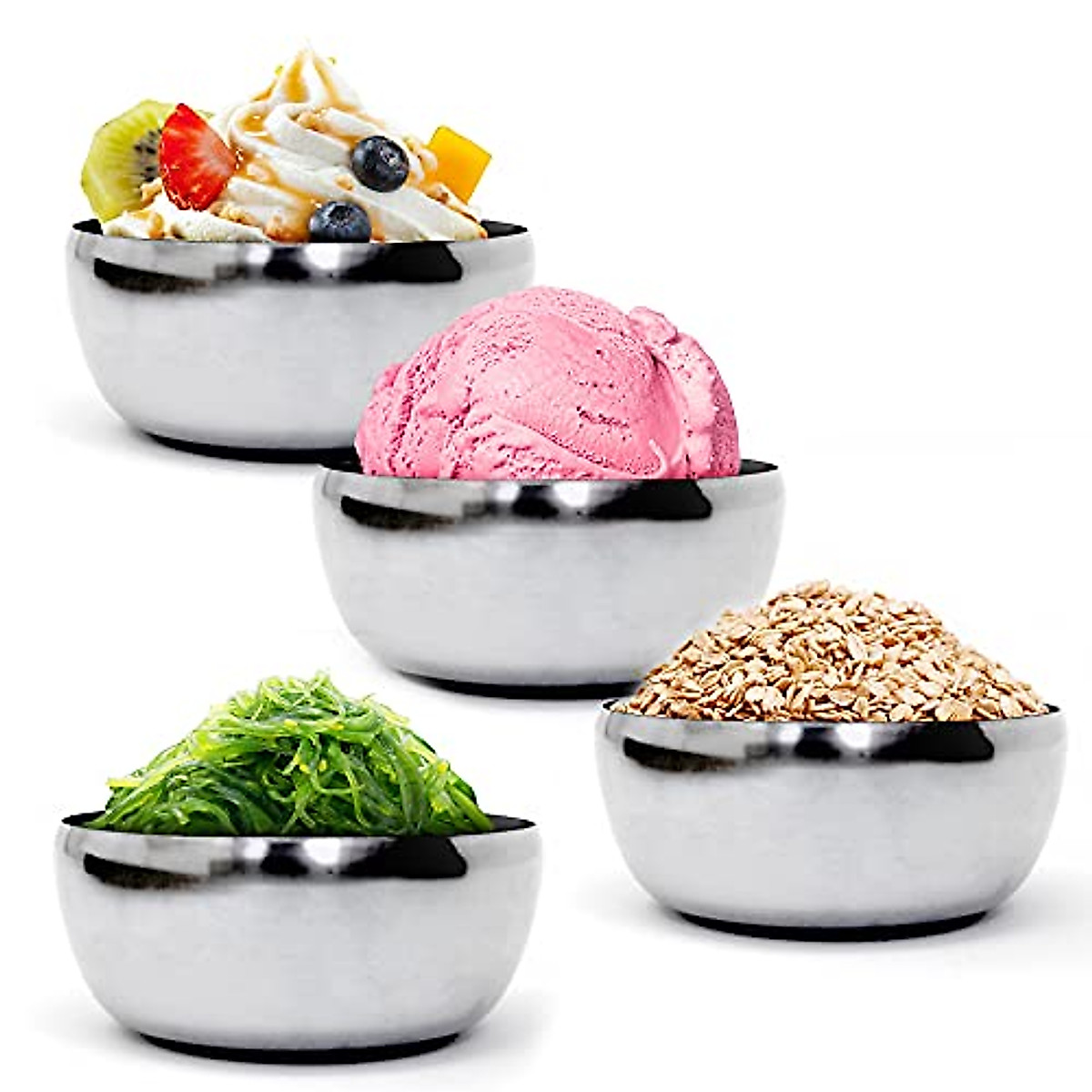 Eutuxia Korean Stainless Steel Rice Bowl + Lid, Set of 4. Traditional, Round & Unbreakable. Keep Rice or Soup Warm w/Metal Bowl. Made in Korea. 스텐밥공기