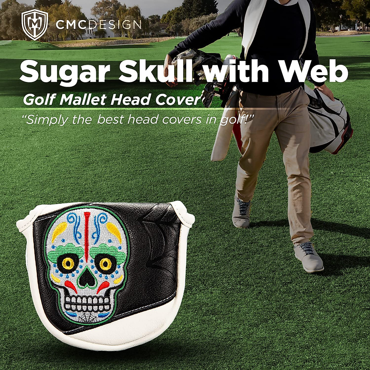 CMC Design Golf Mallet Head Cover - Custom Sugar Skull with Web Embroidered Golf Driver - Premium Faux Leather, Beautiful Design Elements & Soft Protective Lining – Great Fit for Any Mallet & Golfer