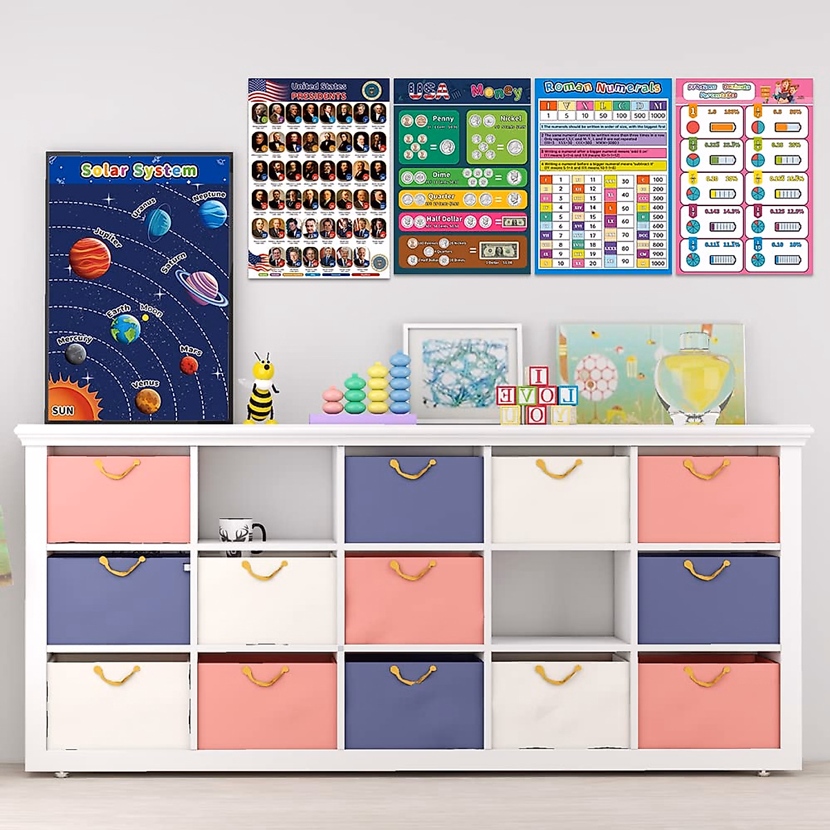 Homievar 21 Pcs Math Chart for Kids -16"x11" Educational Posters for Multiplication Division Charts USA president & World Map Solar System Chemistry Periodic Table of Elements Poster Decor