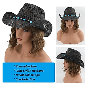 BESOOGII Straw Beach Cowboy Hat for Women Shapeable Brim Western Cowgirl Hat (US, Alpha, One Size, Black)