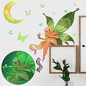 Glow in The Dark Butterfly Fairy Wall Sticker Luminous Moon Butterflys Wall Decals Cartoon Flower Fairy Princess Wall Stickers for Girls Bedroom Nursery Living Room Classroom Ceiling Decor Kids Gift