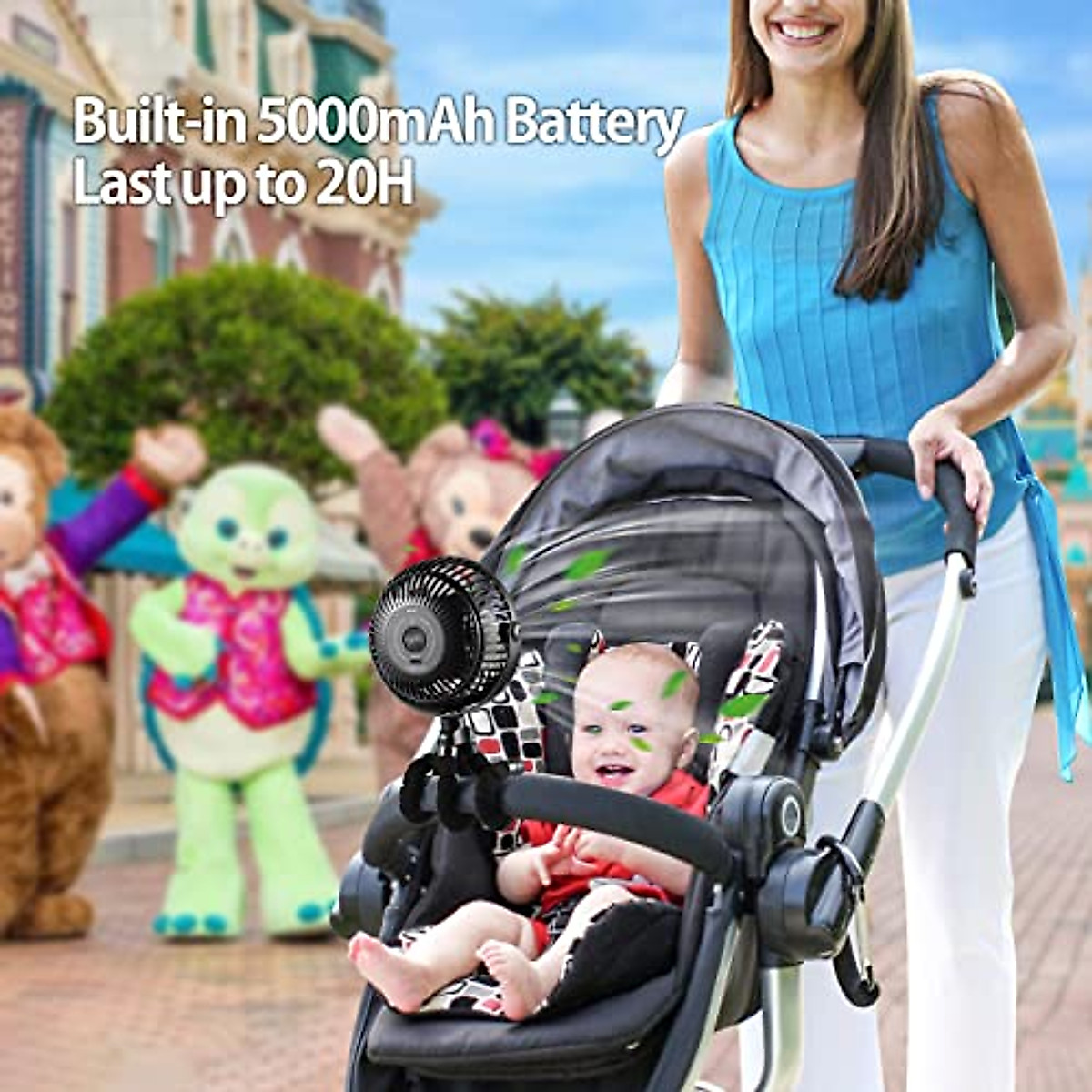 GRANDFAST Baby Stroller Fan - 5000mAh Battery operated Clip on Fan with Flexible Tripod - 360 Degree Rotatable Portable Fan for Car Seat Crib Golf Cart Peloton Bike Treadmill ( Black )