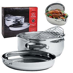 3 In 1 Multi Roaster w Lid- 18/10 Professional Grade Tri-Ply Stainless Steel- 11qt Poultry Roasting Pan w Rack, Stock Pot, & Sautee Cookware- Induction Capable w Stick Resistant Interior