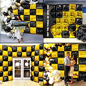 AIERSA Black And Gold Balloon Backdrop Wall,25Pcs Square Foil Balloons for Graduation,Birthday,Anniversary,Retirement Party Decoration Supplies