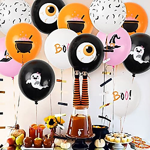 60Pcs Halloween Balloons Set- 12" Halloween Pink Orange Black White Latex Balloons Print with Ghost Boo Bat Witch Hat for Halloween Baby Shower Kids Halloween Birthday Party Favor Decor Supplies