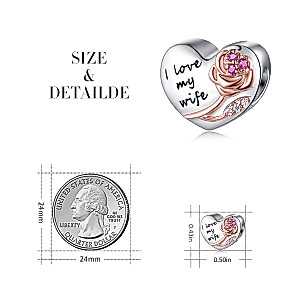 FOREVER QUEEN 925 Sterling Silver I Love My Wife Heart Love with 3D Rose Flower Charms Beads for Bracelets Necklaces Wedding Valentine's Day Mother's DayGift Jewelry for Women