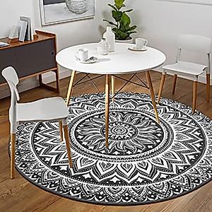 LEEVAN Mandala Round Rug 3ft,Modern Flannel Washable Circle Rug with Non-Slip Rubber Backing No-Shedding Indoor Bohemian Grey Office Rug for Meditation,Dining Room,Under Table