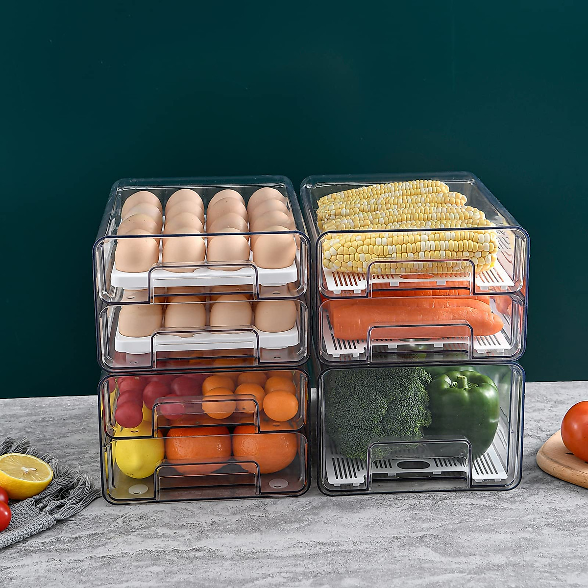 Qielie Food Storage Containers Pantry Organizer with Lids, Removable Drain Tray Fruit Vegetables Storage Rack Clear Fridge Storage Stackable Meal Fresh Keeper Bins