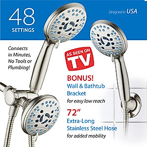 AquaCare As-Seen-On-TV High Pressure 48-setting Rain & Handheld 3-way Shower Head Combo - Anti-clog Nozzles/Tub, Tile & Pet Power Wash/Extra Long 6 ft. Stainless Steel Hose/All Chrome Finish