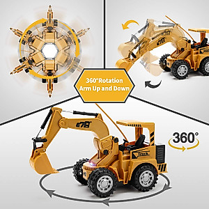 Remote Control Excavator Toy for Beginners - 4WD 5 Channel 1:24 RC Construction Excavator with LED Light, Pretend Construction Playset, Vehicle Toys for Boys Girls, Best Gifts for 3-6 Years Old Kids