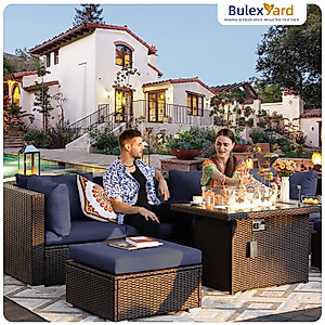 BULEXYARD High Back Brown PE Rattan Outdoor Patio Furniture Set with Propane Fire Pit Table, Large Wicker Outside Sectional Furniture Sofa Conversation Sets for Backyard(Navy Blue, 9Pcs-A)