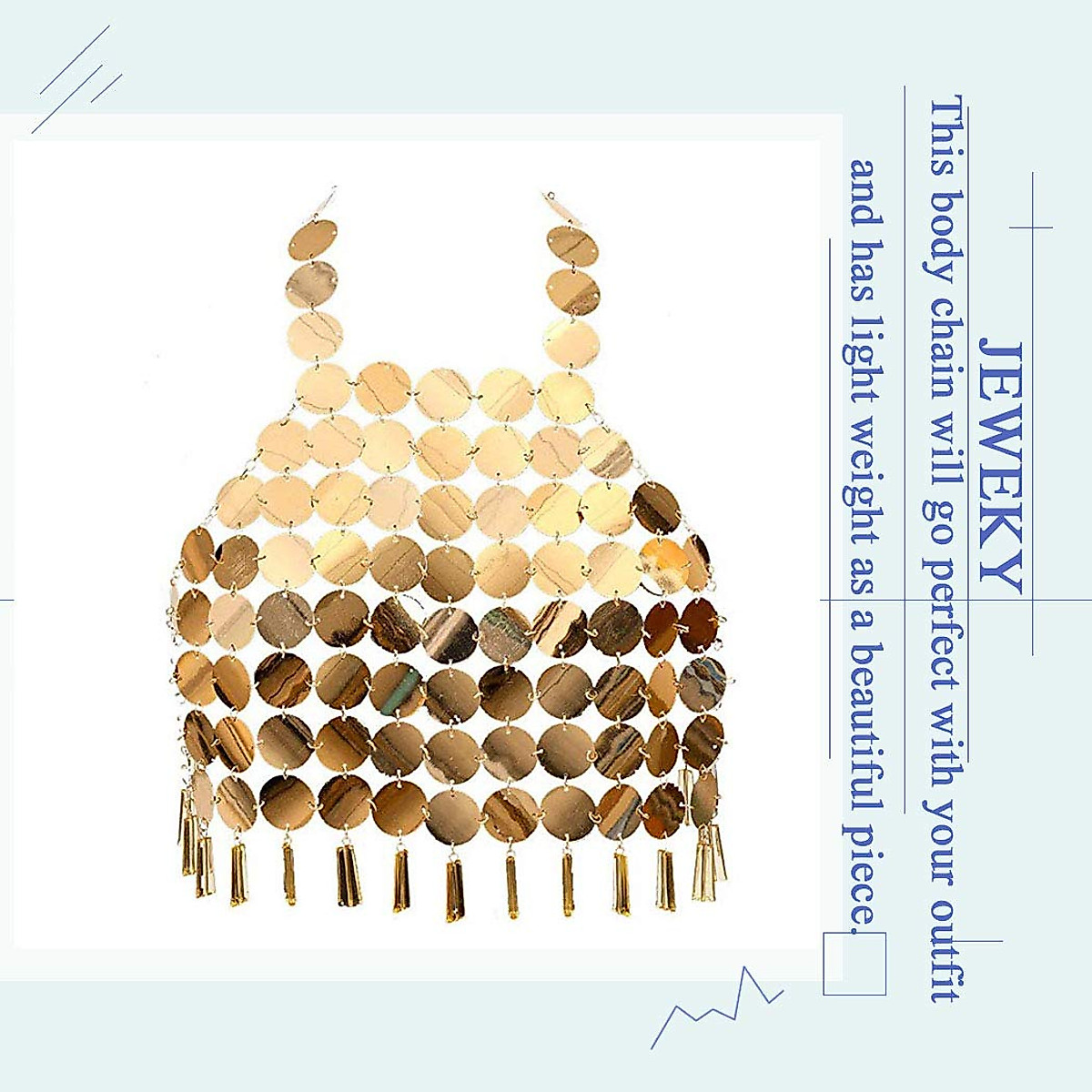 Jeweky Boho Sequins Bra Chain Gold Crop Top Body Chains Backless Beach Nightclub Rave Body Accessories Jewelry for Women and Girls