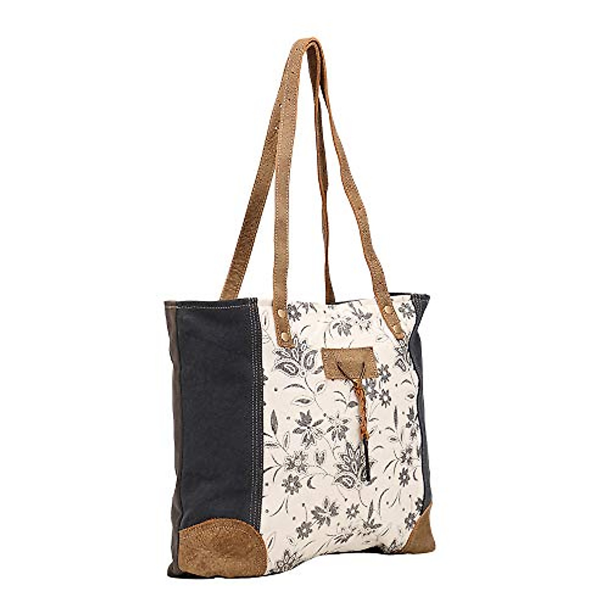 Myra Bag Abstract Key Upcycled Canvas & Cowhide Tote Bag S-1456