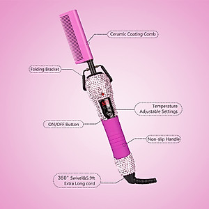 LURA Pink 180-500°F Hot Comb Electric for Wigs, Straightening for African American Hair,Pressing for Natural Black, Bling Diamonds Straightener Brush for Women Thick Hair…