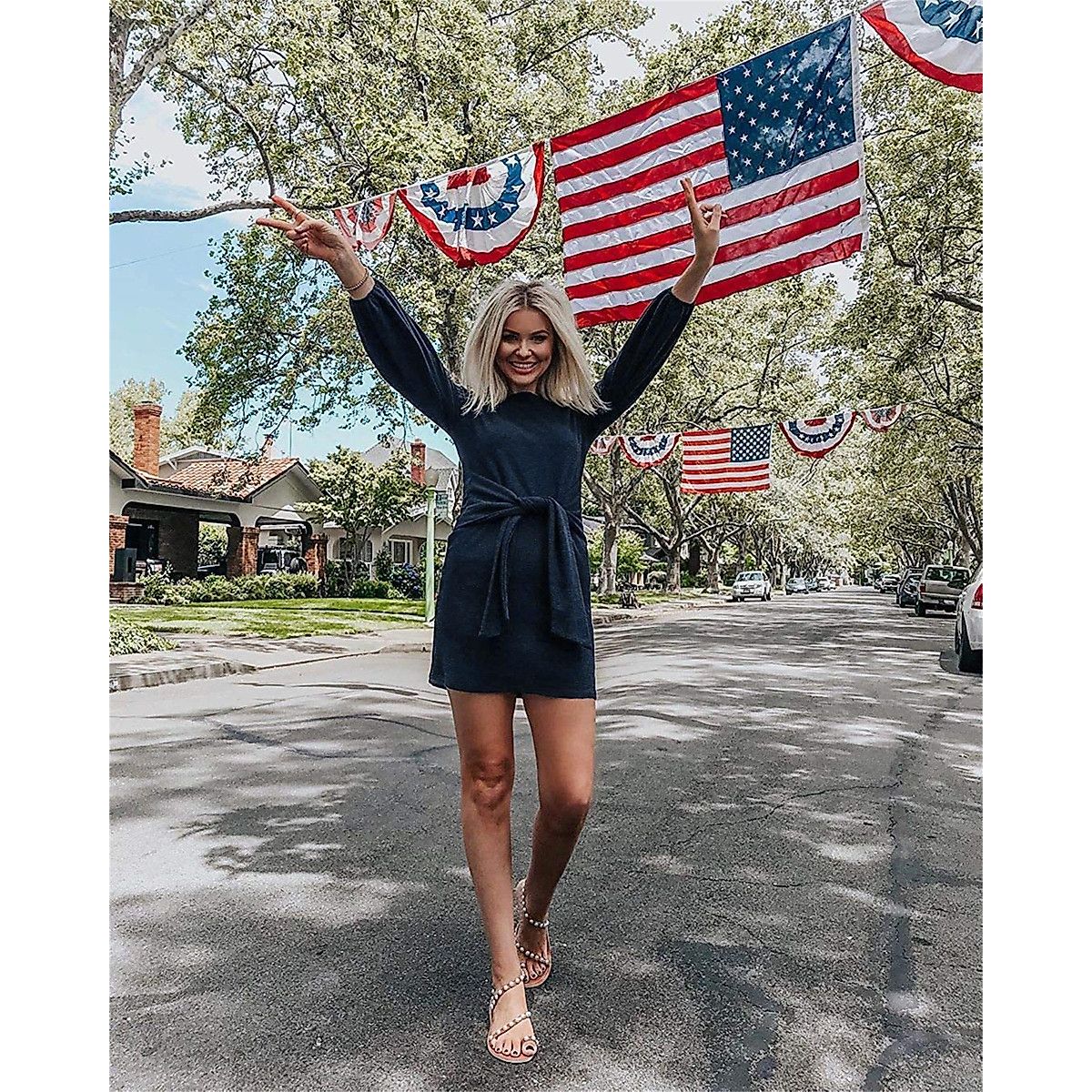 PRETTYGARDEN Women's Elegant Long Lantern Sleeve Short Dress Crewneck Tie Waist Knit Cocktail Dress(Navy,X-Large)