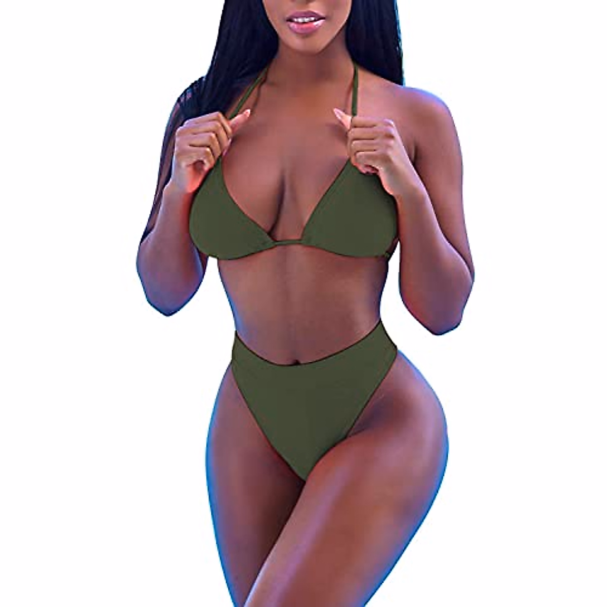 ALBIZIA Women's Sexy Brazilian Triangle Swimsuit 3 Piece Bathing Suit XL Army Green