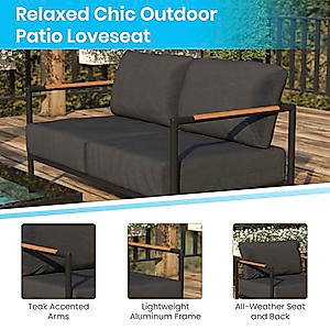 Flash Furniture Lea Indoor/Outdoor Loveseat with Cushions-Modern Aluminum Framed Loveseat with Teak Accent Arms, Black with Charcoal Cushions