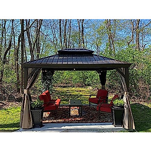 10' x 12' Hardtop Gazebo Outdoor Aluminum Gazebos Grill with Galvanized Steel Double Canopy for Patios Deck Backyard,Curtains&Netting by domi outdoor living Brown