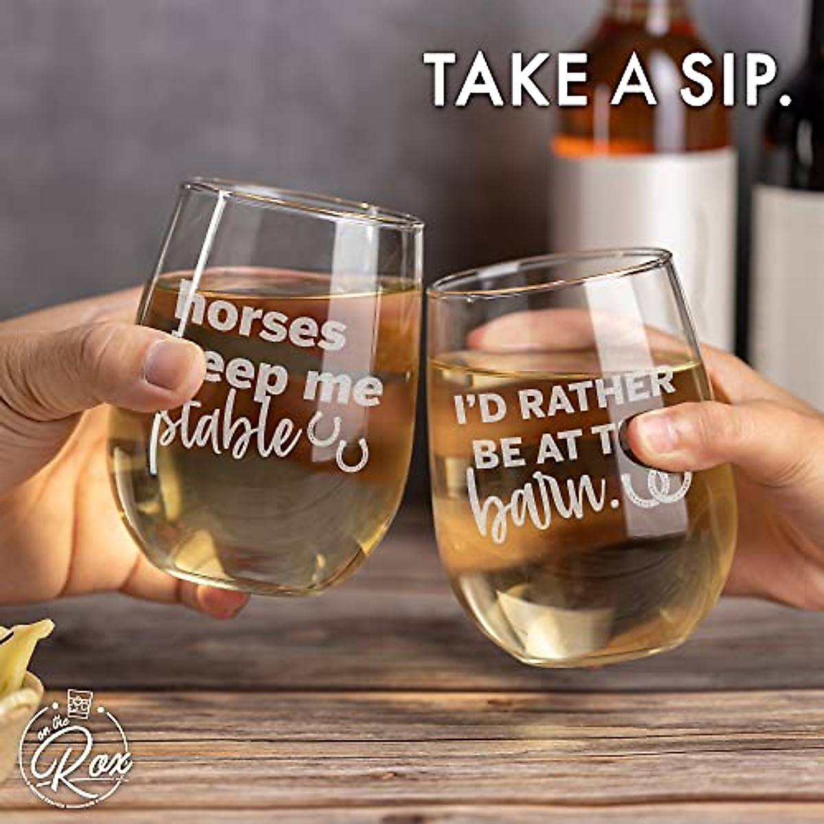 Horse Gifts for Horse Lovers - “Horses Keep Me Stable” “I’d Rather Be At The Barn” 17Oz 2PC Stemless Wine Glass Set - Funny Horse Gifts For Women - Horse Cup/Tumbler for Horse Lovers