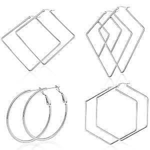 4 Pairs Stainless Steel Geometric Hexagon Round Square Thin Hoop Earrings for Women Jewelry Set-silver