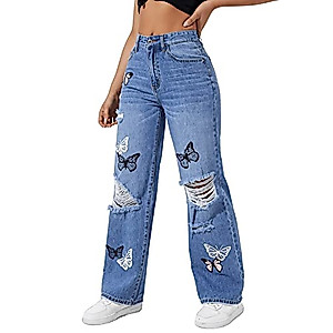 SweatyRocks Women's Ripped Straight Leg Jeans High Waist Distressed Cutout Denim Pants Blue Butterfly S