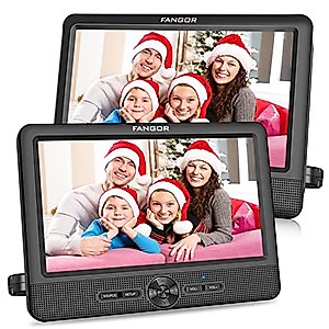 FANGOR 10’’ Dual Car DVD Player Portable Headrest CD Players with 2 Mounting Brackets, 5 Hours Rechargeable Battery, Last Memory, Free Regions, USB/SD Card Reader, AV Out&in (1 Player + 1 Screen)
