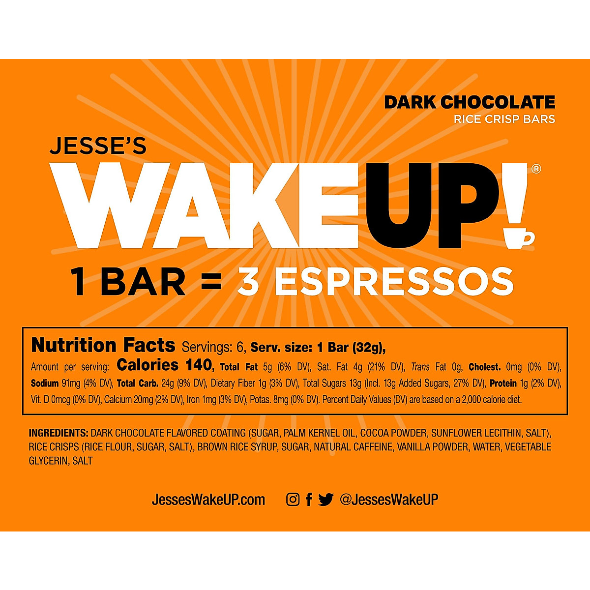 WAKE UP! Caffeinated Chocolate Protein Bars Gluten Free, Vegan, 350mg of Caffeine Energy, Kosher to help Boost Focus and Clarity (1 Bar = 3 Espressos) 6 Pack