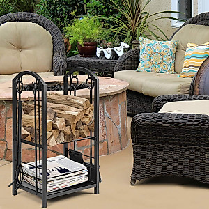 Tangkula Firewood Rack with 4 Fireplace Tools, Firewood Rack Bin Log Holder with Fire place Assecories Tools Set Includes Brush, Shovel, Poker, and Tongs(17.5 x 12 x 29.5 inches)