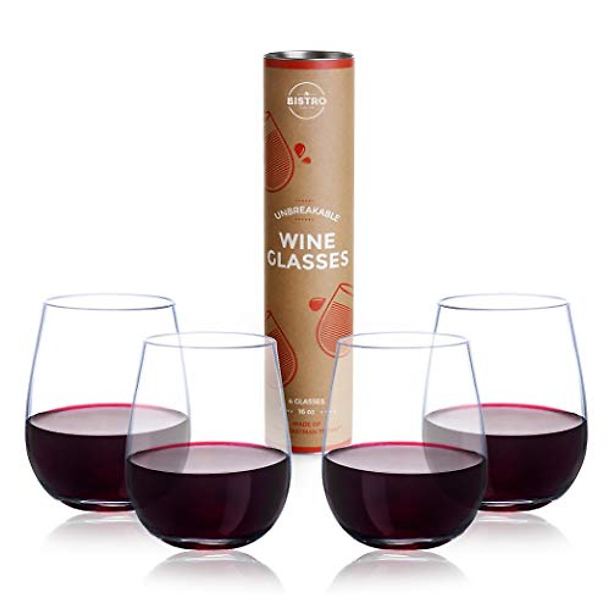 YO BISTRO Unbreakable Stemless Wine Glasses | Set of 4 + Gift Box | 100% Tritan Shatterproof Plastic | 16 Oz | Dishwasher Safe