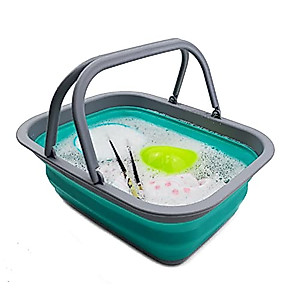 SAMMART 9.2L (2.37Gallon) Collapsible Tub with Handle - Portable Outdoor Picnic Basket/Crater - Foldable Shopping Bag - Space Saving Storage Container (Bluish-Green & Blue, 2)