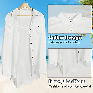 Chalier Women's Loose Long Sleeve Cover Ups Button Down Sleep Shirt Beach Up SwimSuit Dress, White, Small