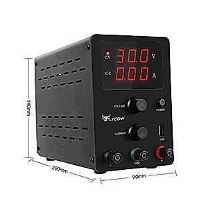 Flycow DC Power Supply Variable, Adjustable 30V 10A Switching DC Regulated Power Supply with 3 Digit LED Display Reverse Polarity/High Temperature Protection 110V/100CM Alligator Leads Included