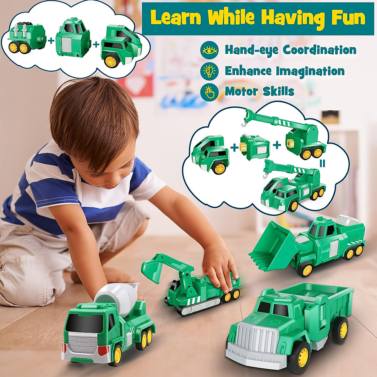 Laradola Toys for 3 4 5 6 Year Old Boys - Transform Robot Kids Toys Cars | STEM Building Toddler Toys for Ages 3+ | 5 in 1 Construction Toys Christmas Birthday Gifts for Boys Girls