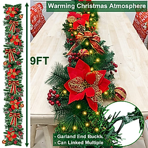 Timer & 8 Modes - 9 Ft Prelit Christmas Garland Decorations with 100 Lights 300 Branches 5 Poinsettias 4 Xmas Balls 18 Pinecones Needles 198 Berries Battery Operated Christmas Decoration Indoor Home