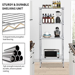 BLKMTY 4 Tier Wire Shelving Unit Kitchen Shelf Adjustable Storage Shelf Metal Microwave Rack NSF Shelf w/PP Sheets 11.4" D x 17.3" W x 43.9" H Steel Utility Shelves for Pantry Laundry, Silver