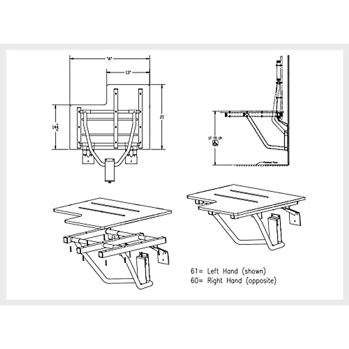 Folding Shower Seat - Wall Mount Bench for Inside Shower / ADA Bathroom Safety Assist / 304 Stainless Steel / Phenolic Resin / Left / 28" x 21"