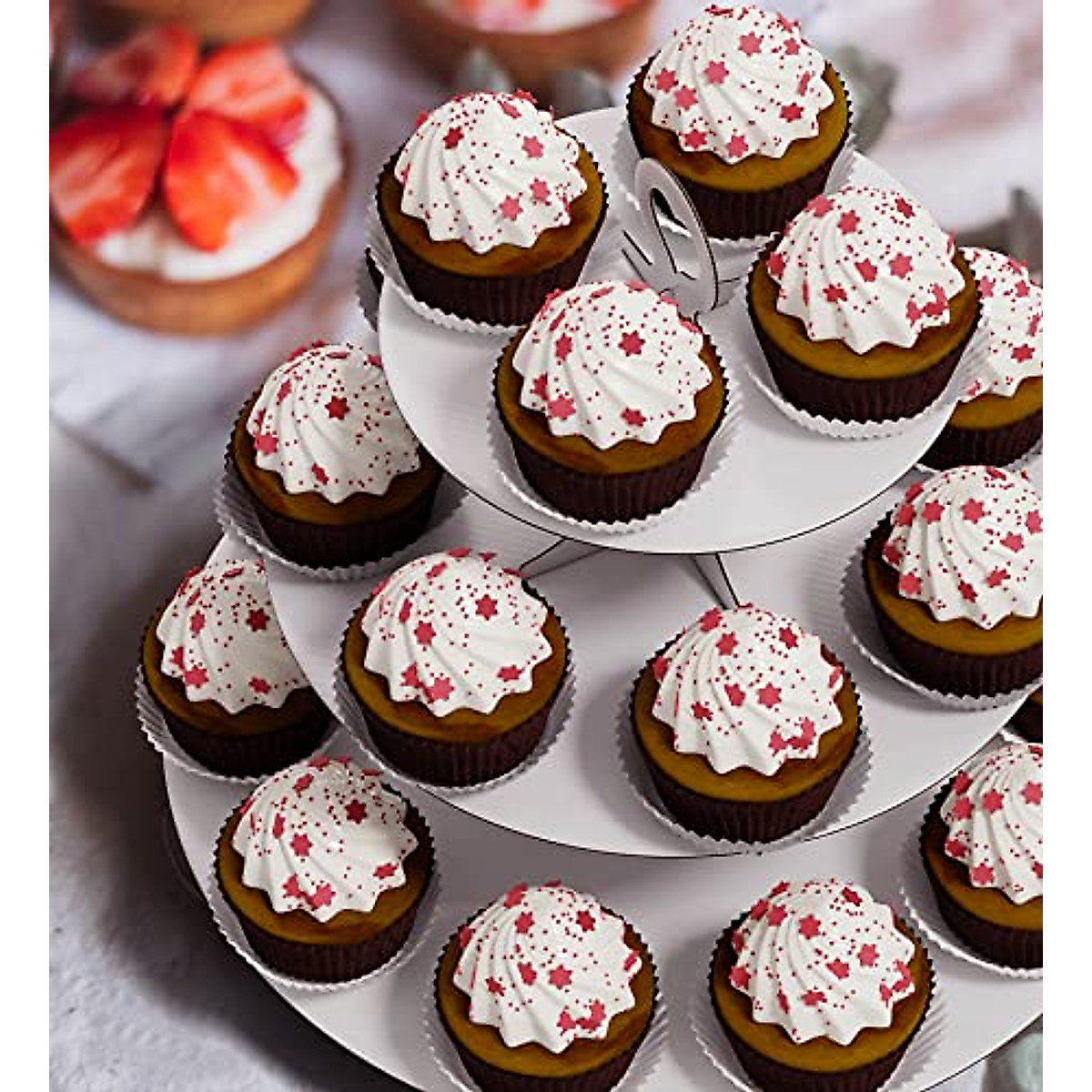 Ausoleil 2 Set Cupcake Stand Tower 3 Tier, White Tiered Cardboard Cupcake Display Stand, Round Stand Cupcake Dessert Holder Stand for Parties (White)