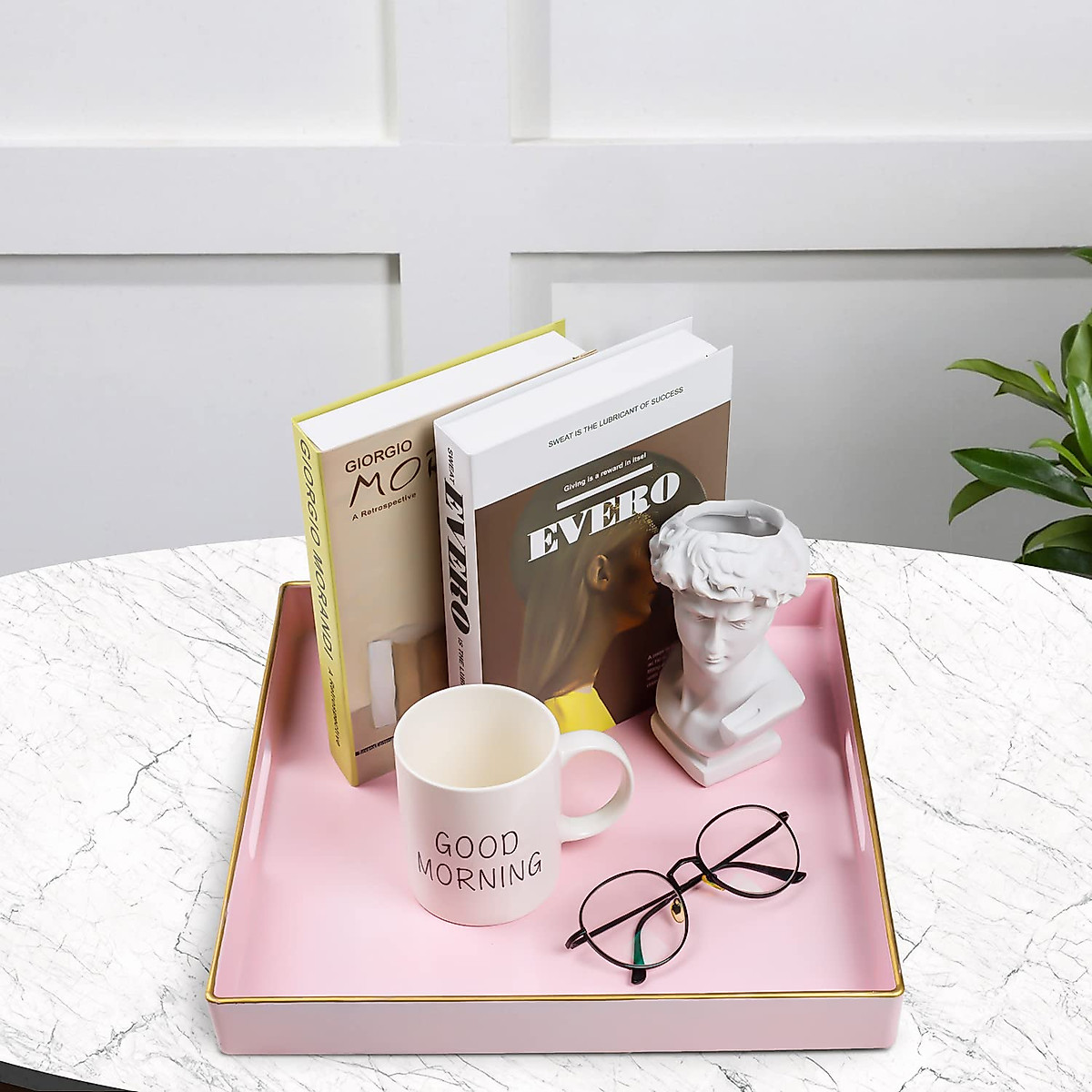 MAONAME Decorative Tray, Pink Serving Tray with Handles, Coffee Table Tray, Square Plastic Tray for Ottoman, Bathroom, Kitchen, 13"x13"x1.57"