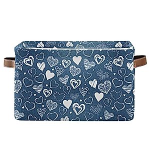 Gougeta Foldable Storage Basket with Handle, Vintage Navy Flowers and Hearts Rectangular Canvas Organizer Bins for Home Office Closet Clothes Toys 1 Pack